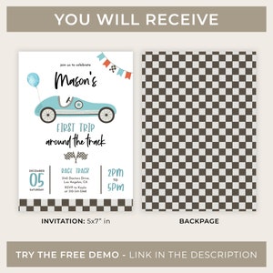 Blue Race Car First Birthday Invitation Template, First Trip Around the ...