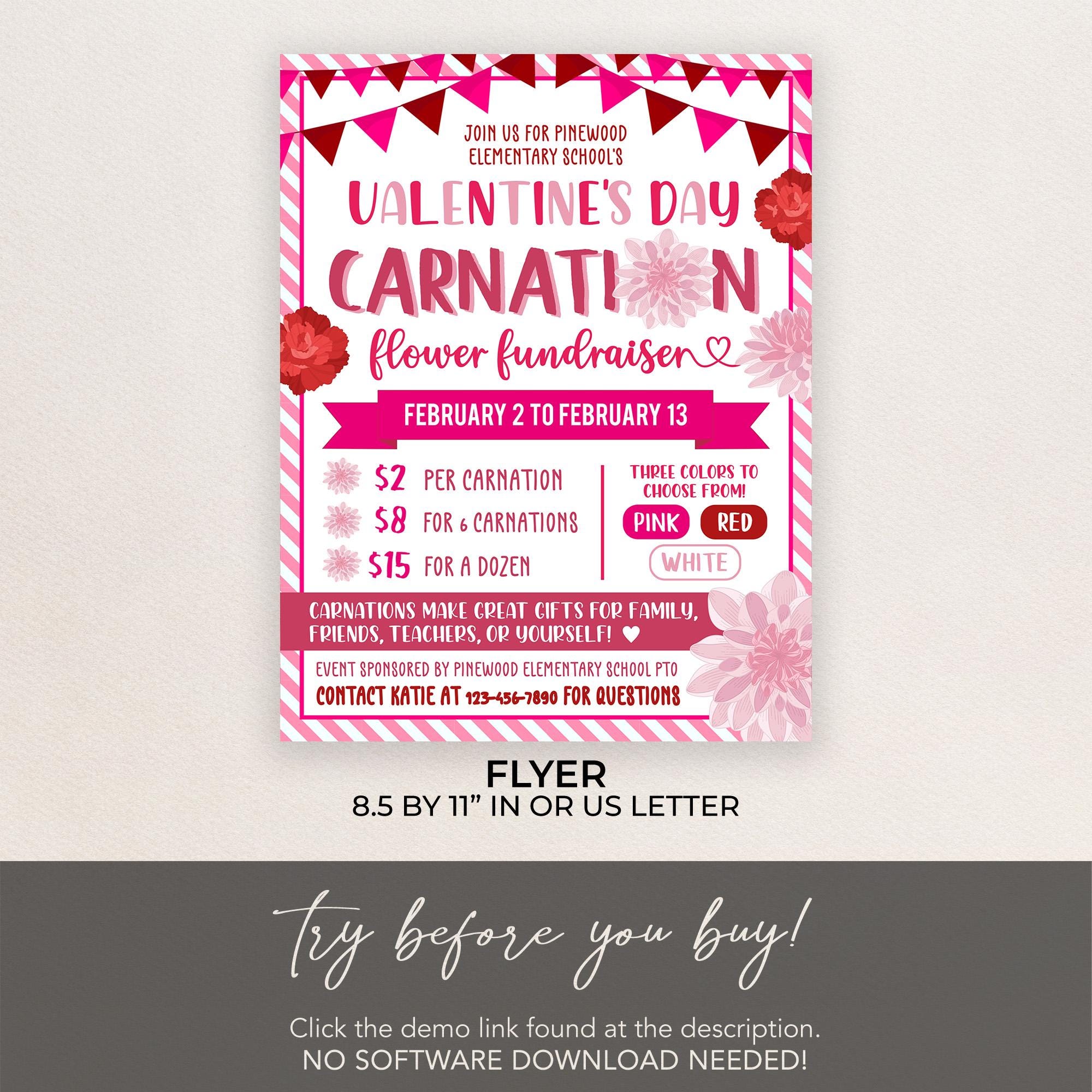 Editable Valentine's Day Carnation Flower Fundraiser Flyer Printable ...