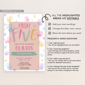 High Five Birthday Invitation, Editable Hi Five Invite Template, Girls ...