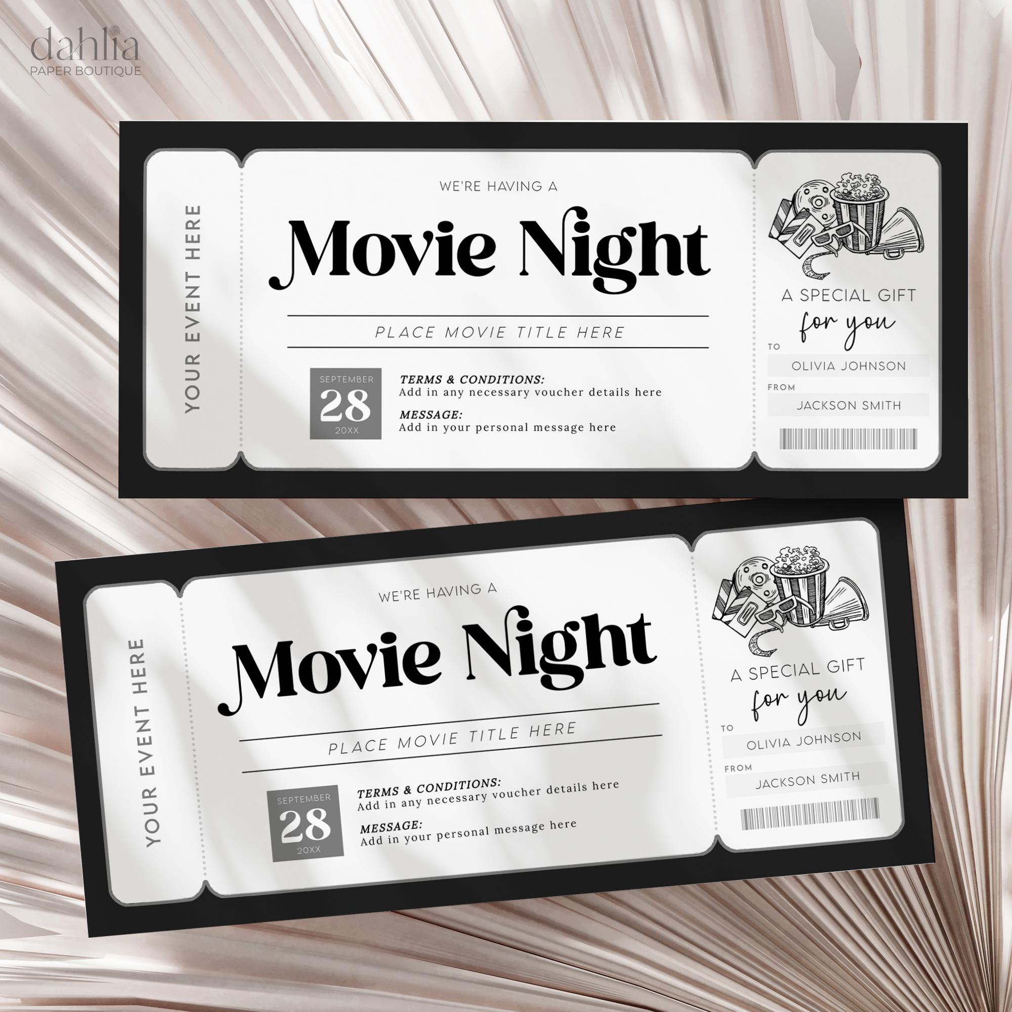 Movie Night Gift Voucher, Editable Movie Night Invitation, Cinema ...