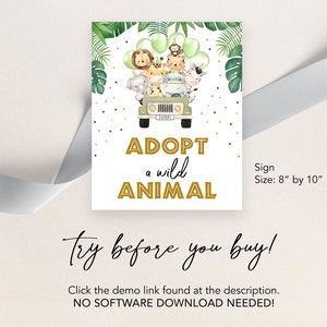 Wild One Custom Adopt A Wild Animal Sign, EDITABLE Safari Animals Party ...