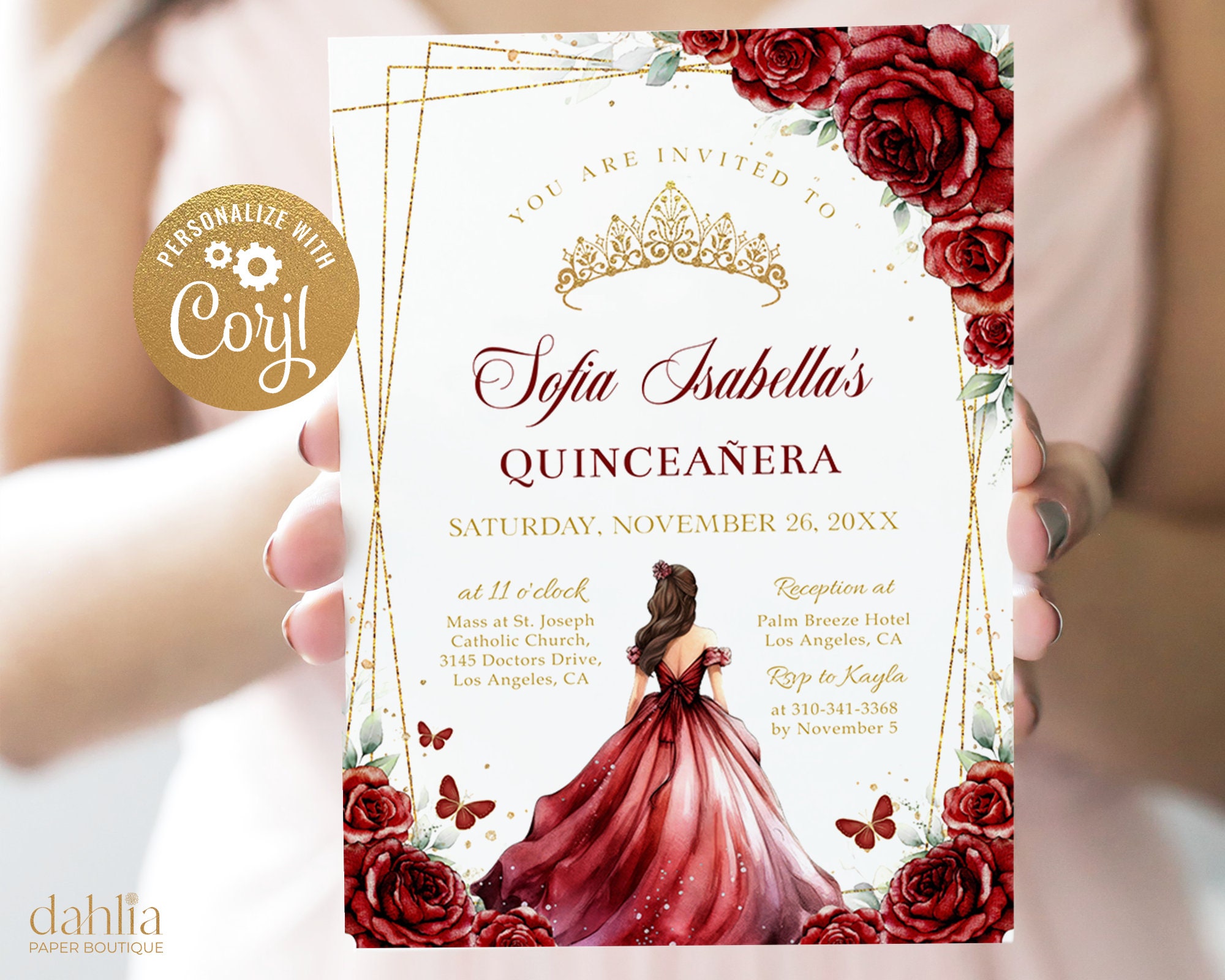 EDITABLE Burgundy Red and Gold Quinceañera Invitation, Butterfly Party ...