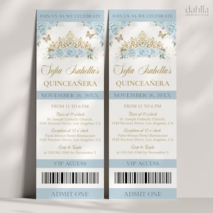 Sky Blue Gold Quinceañera Tiara Ticket Invitation, EDITABLE Rose ...