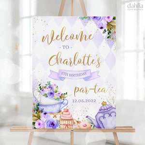 EDITABLE Tea Party Birthday Welcome Sign, Purple & Gold Par-tea Sign ...