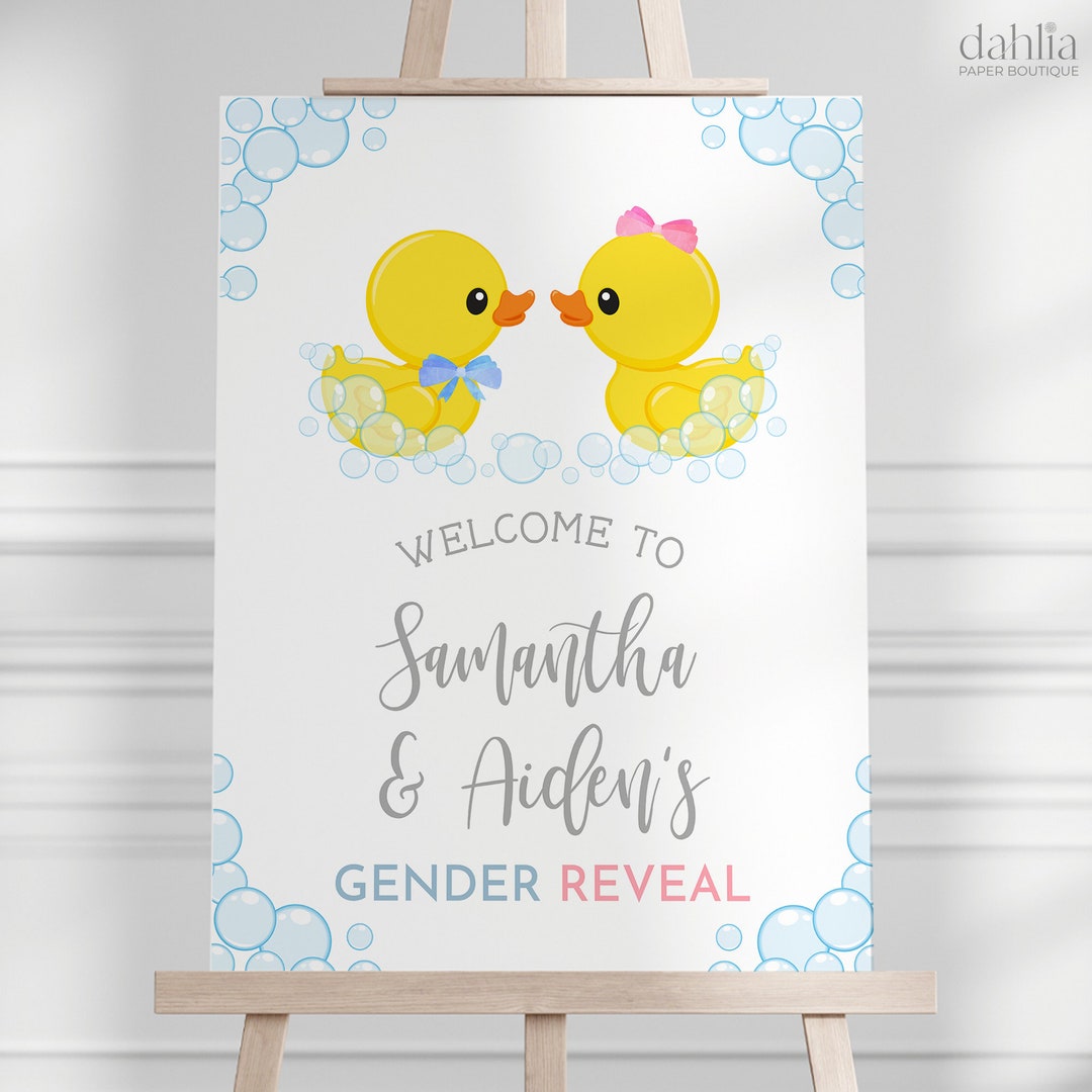 Gender Reveal Welcome Sign, Editable Blue and Pink Duck Party Banner ...