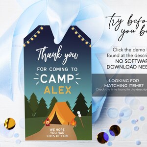 EDITABLE Camping Birthday Gift Tag, Camping Party Favor Template, Thank ...