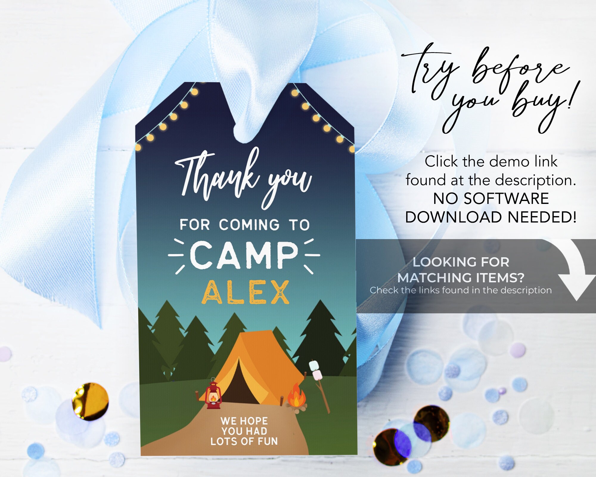 EDITABLE Camping Birthday Gift Tag, Camping Party Favor Template, Thank ...
