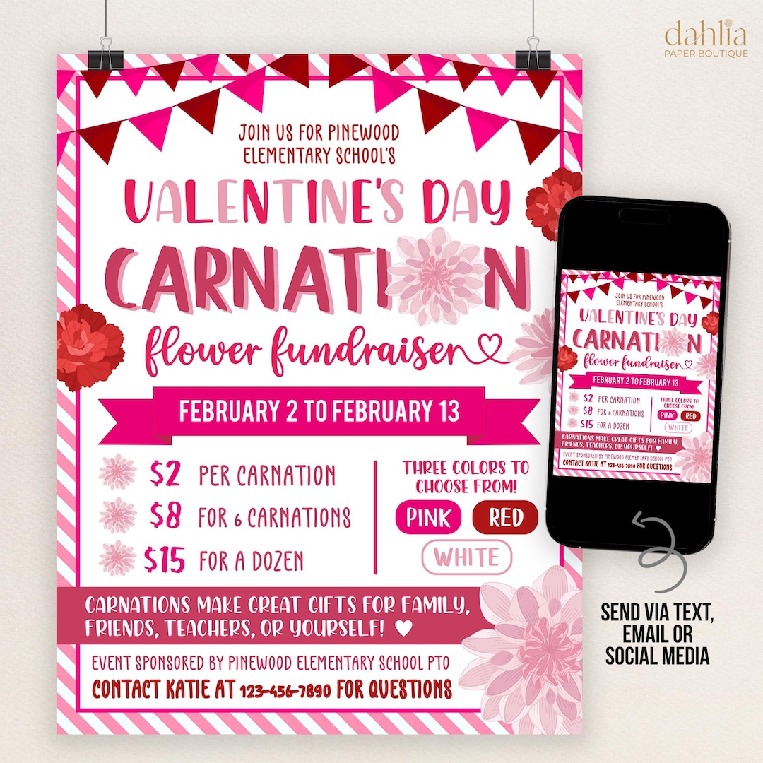 Editable Valentine's Day Carnation Flower Fundraiser Flyer Printable ...