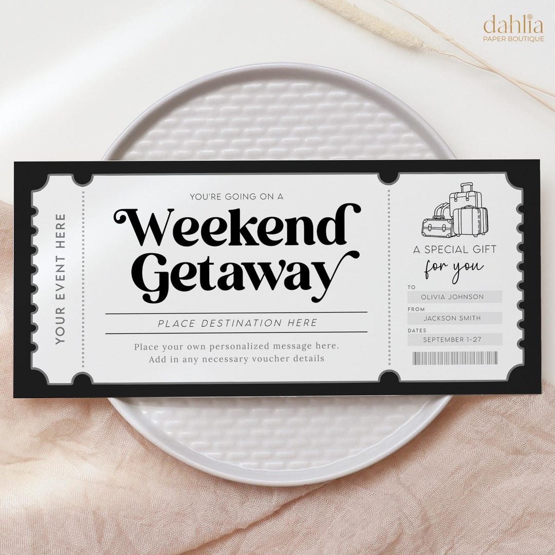 Weekend Getaway Gift Voucher, Editable Weekend Away Coupon Ticket ...