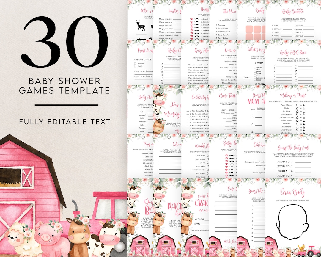 EDITABLE 30 Farm Baby Shower Games, Barn Animals Baby Shower Game ...