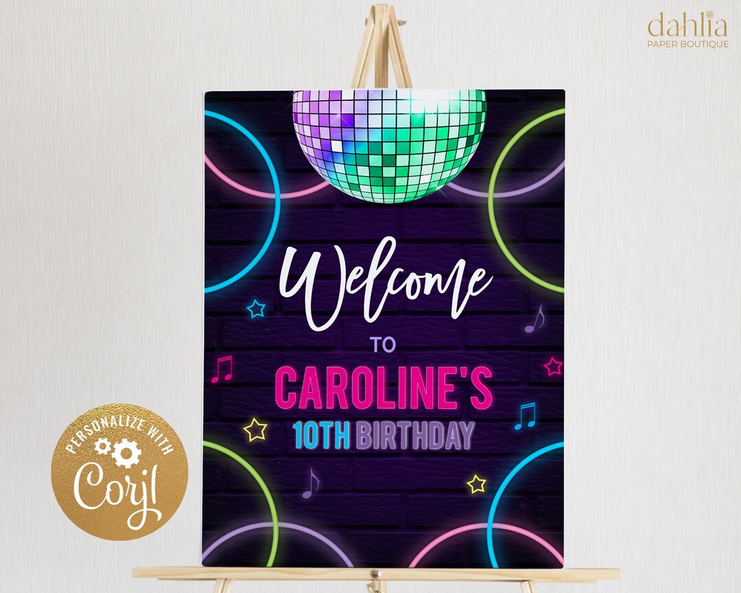 Dance Party Birthday Welcome Sign, Editable Glow Neon Banner Template ...
