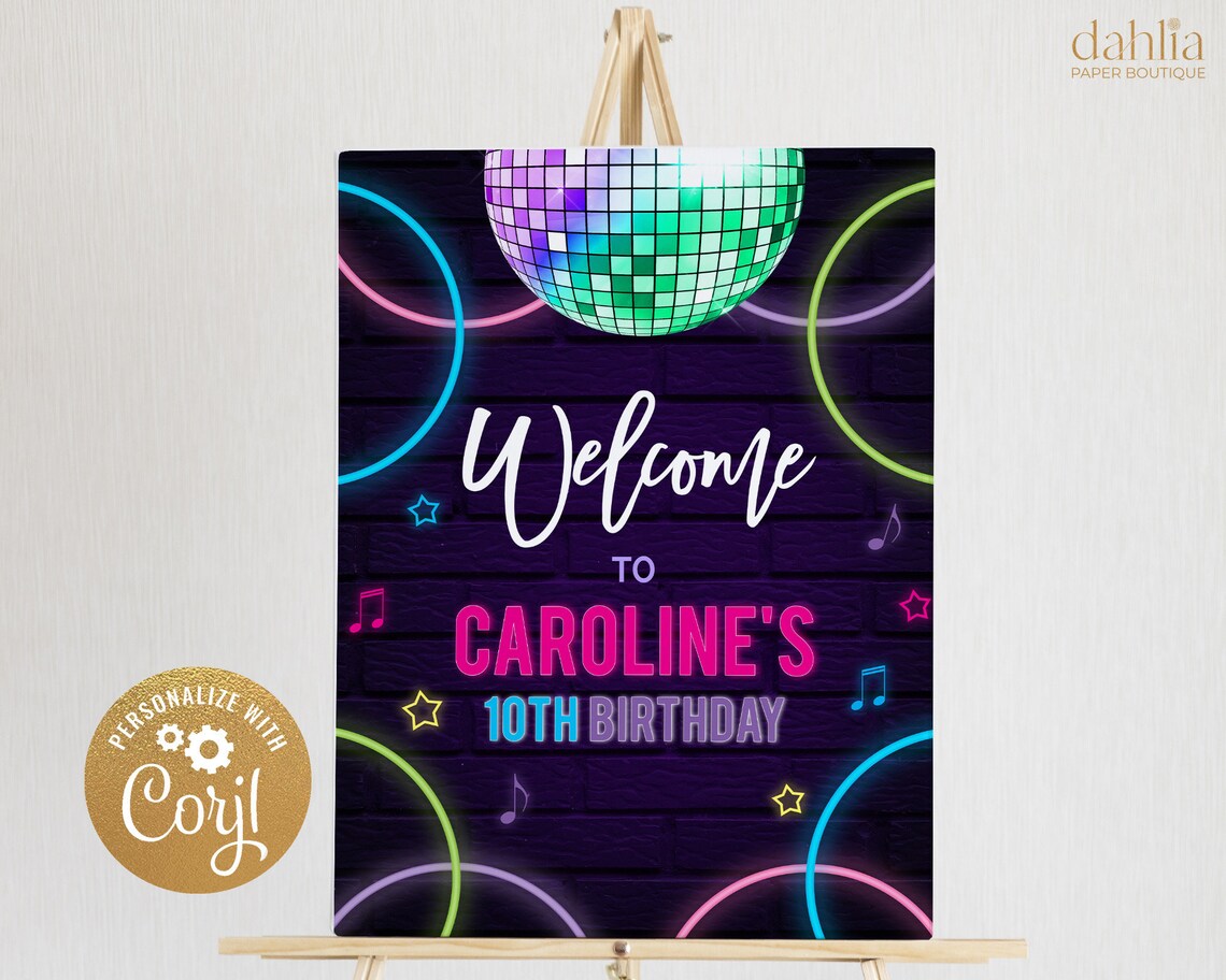 Dance Party Birthday Welcome Sign Editable Glow Neon Banner - Etsy