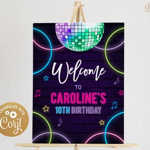 Dance Party Birthday Welcome Sign, Editable Glow Neon Banner Template ...