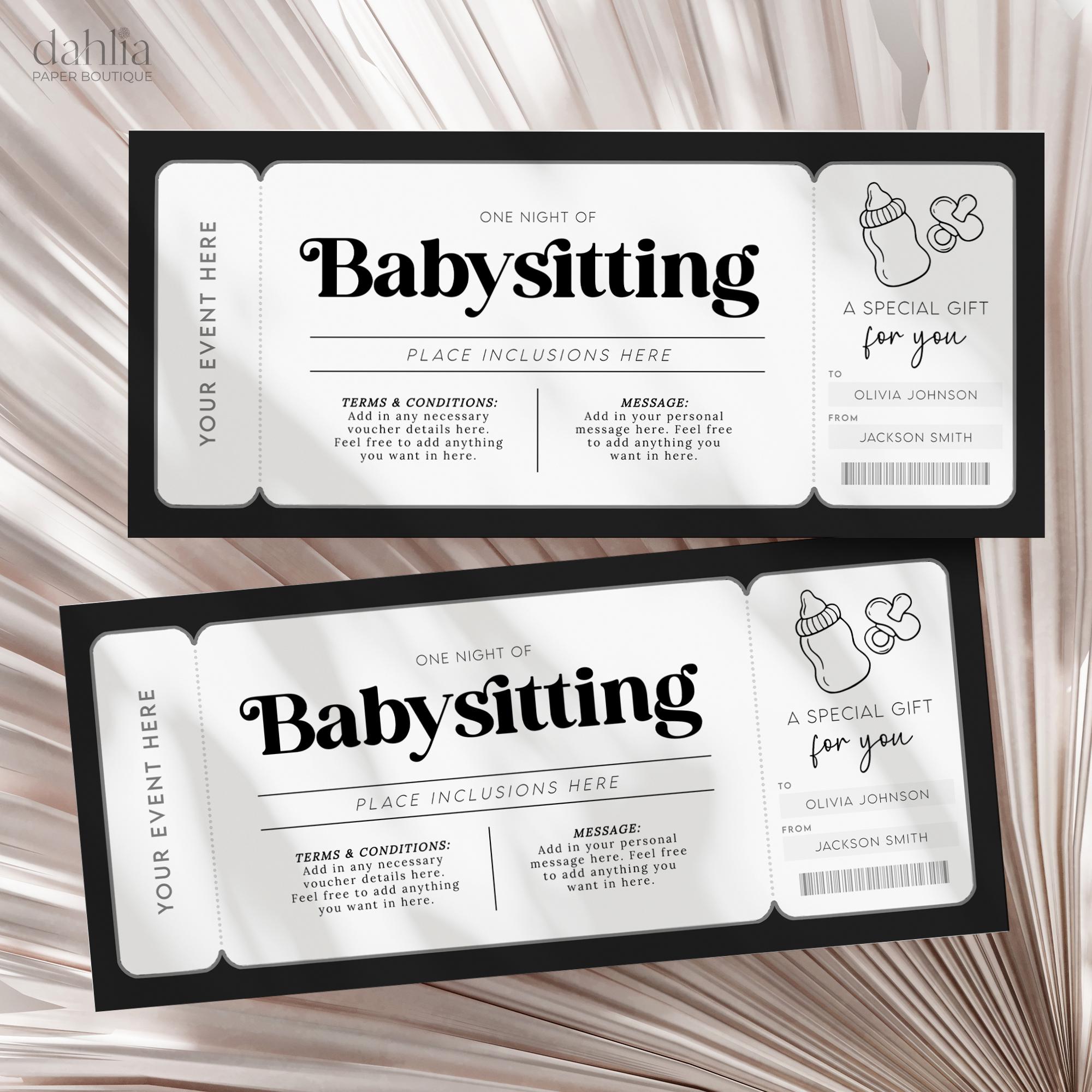 Babysitting Gift Voucher, Editable Babysitting Coupon Template ...