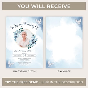 Blue Sky Dove Funeral Invitation Template, Editable Heavenly Funeral ...