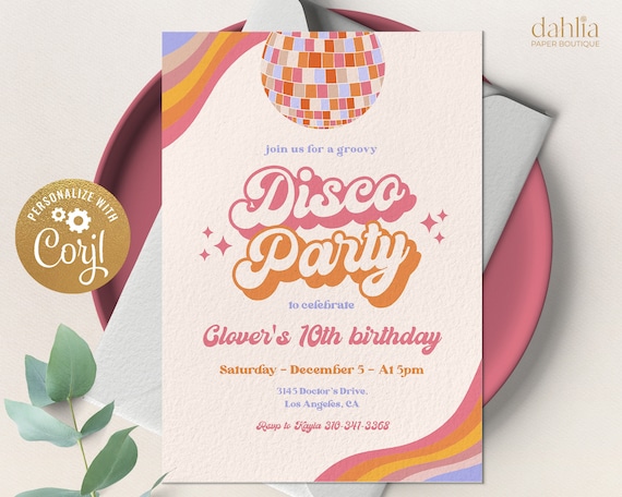 Disco Party Birthday Invitation, Editable Retro Groovy Party Invite ...