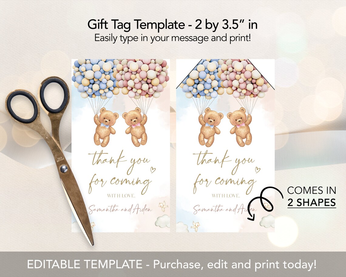 EDITABLE Teddy Bears Thank You for Coming Gift Tag Baby Boy - Etsy
