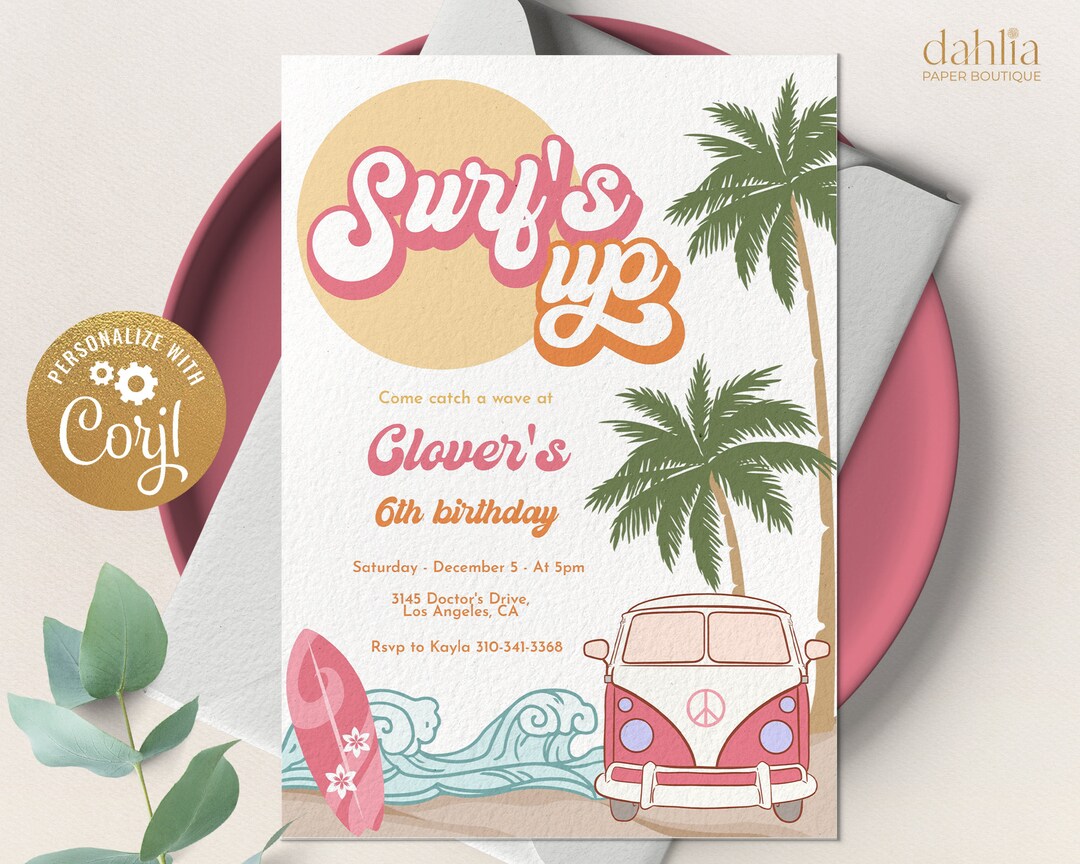 Surf's up Invitation, EDITABLE Swimming Party Invite Template, Tropical ...