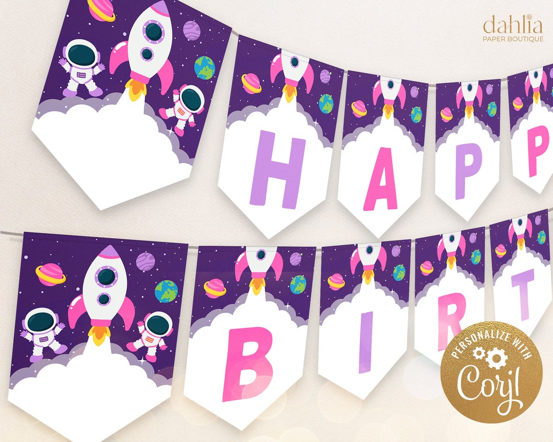EDITABLE Space Happy Birthday Banner, Galaxy Birthday Banner, Girl Pink ...