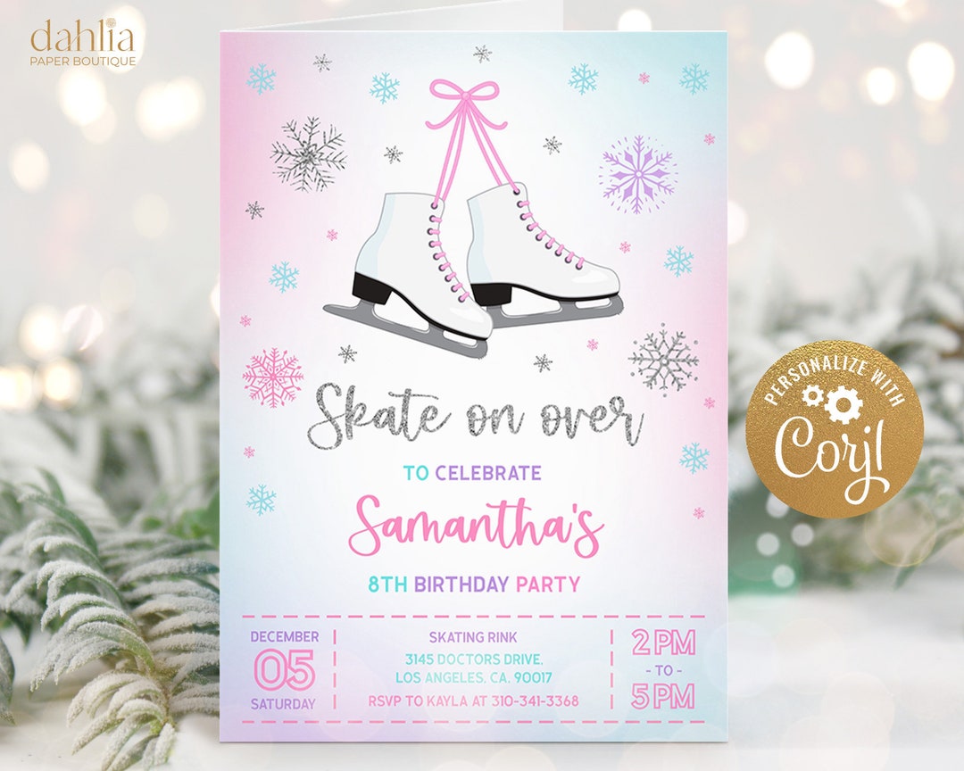 Ice Skating Birthday Invitation, EDITABLE Winter Skate Party Invite ...