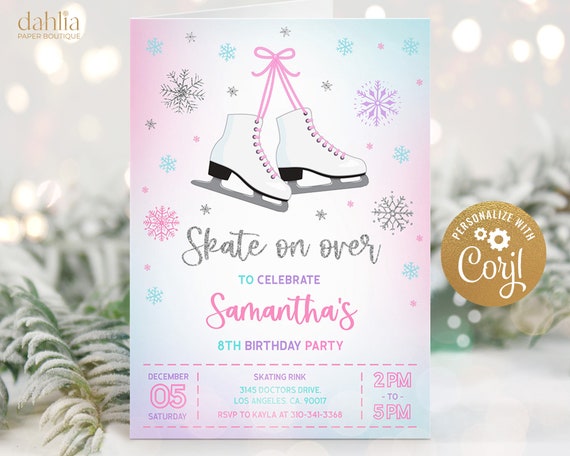 Ice Skating Birthday Invitation, EDITABLE Winter Skate Party Invite ...