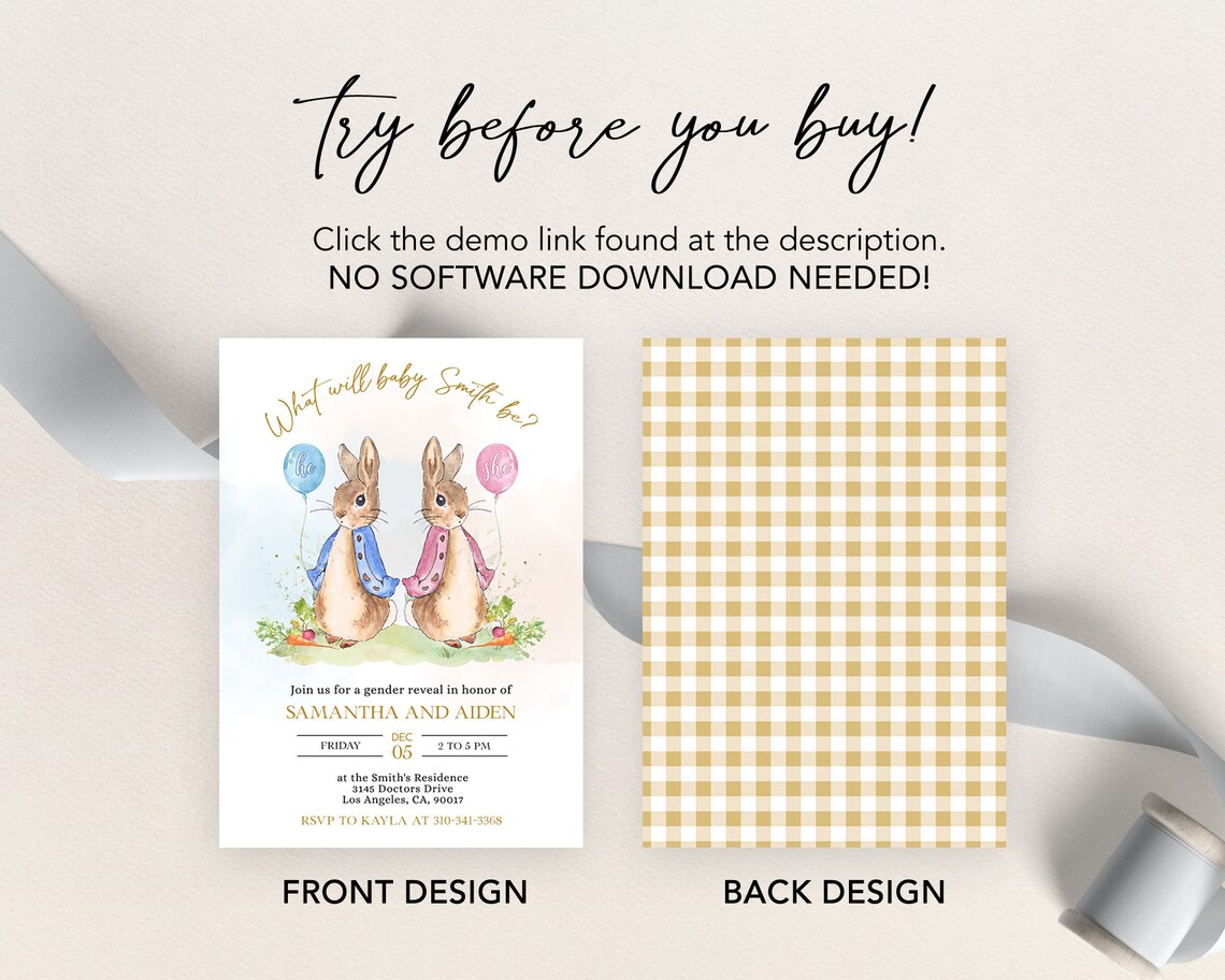 Peter Rabbit Gender Reveal Invitation Editable Gender Neutral | Etsy