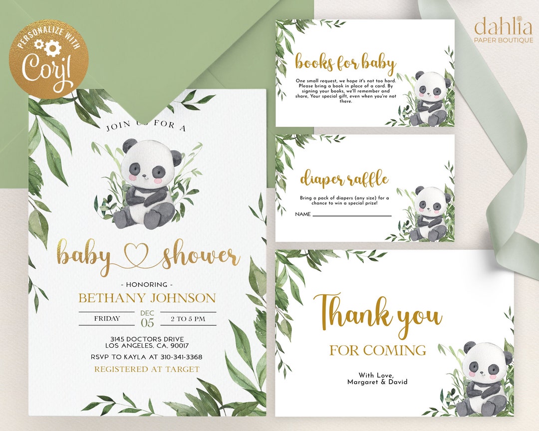 EDITABLE Panda Baby Shower Invitation Set, Printable Greenery Baby ...