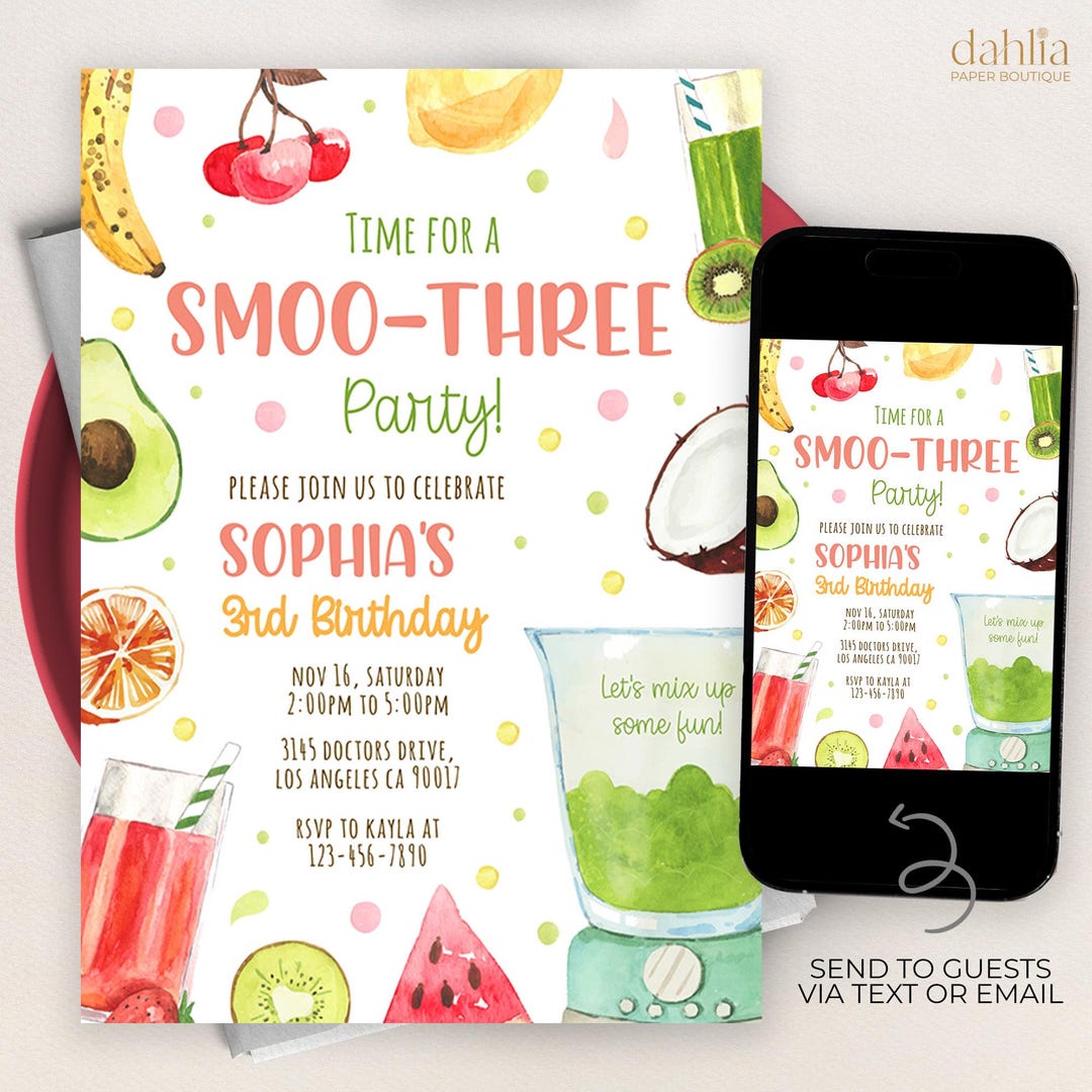 Smoothie Birthday Invitation, EDITABLE Tropical Fruit Party Invite ...