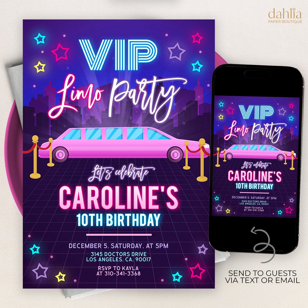 EDITABLE Limo Party Invitation, Pink VIP Limousine Birthday Invite ...