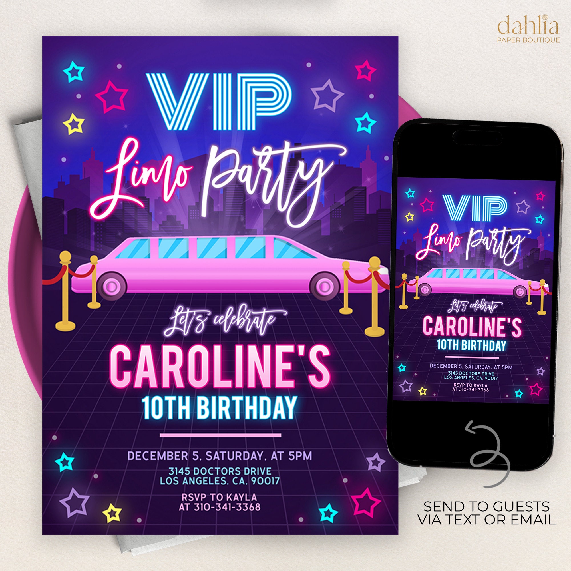 EDITABLE Limo Party Invitation, Pink VIP Limousine Birthday Invite ...