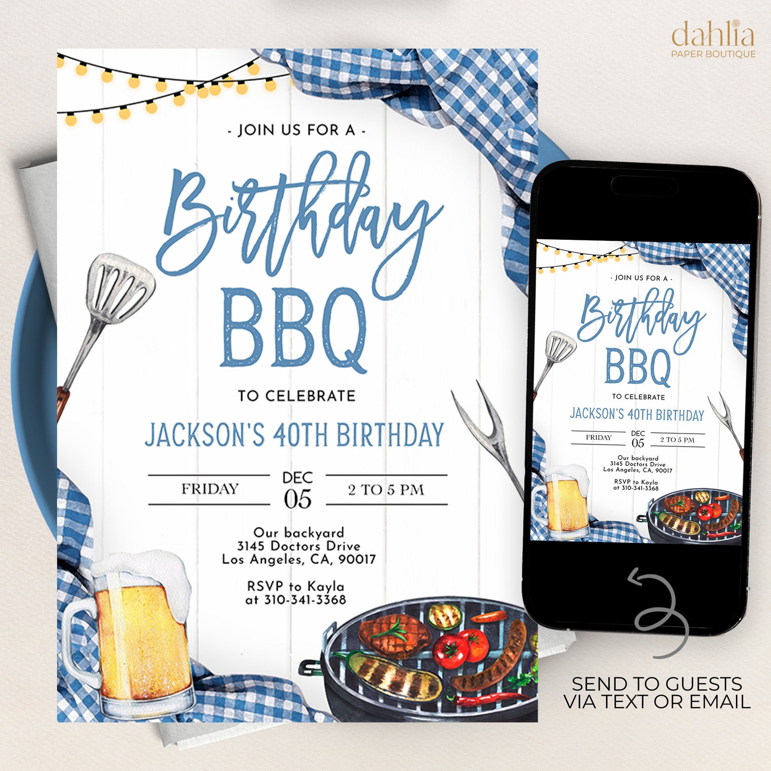 BBQ Birthday Invitation, EDITABLE Blue Gingham Backyard Party Template ...