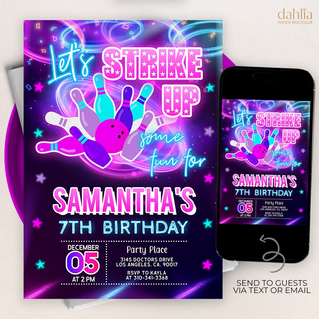 Bowling Birthday Invitation, Editable Arcade Party Template, Let's ...