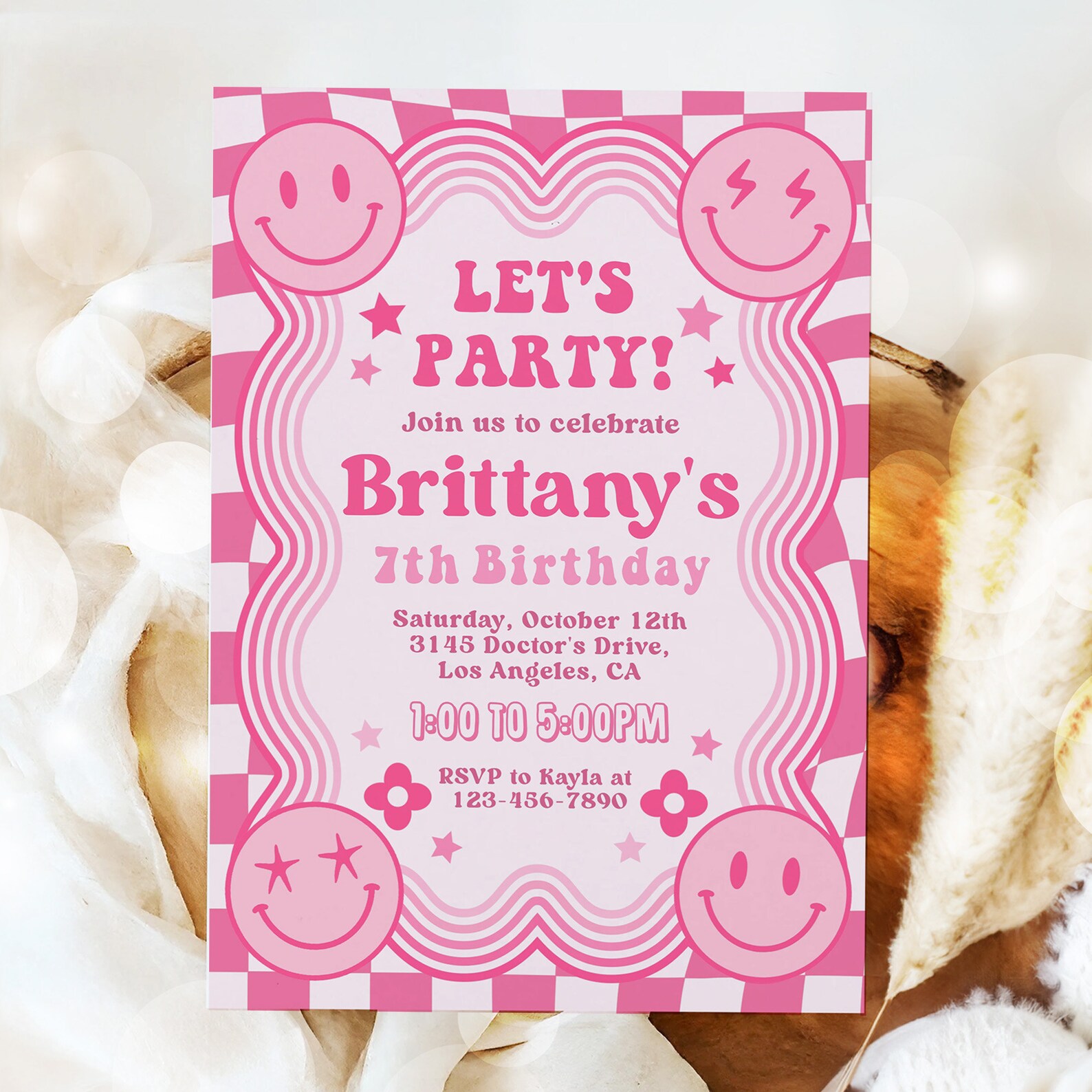 Retro Smiley Birthday Invitation, Editable Preppy Pink Party Invite ...