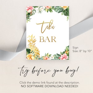 Hawaiian Pineapple Tiki Bar Sign, EDITABLE Luau Party Decor Template ...