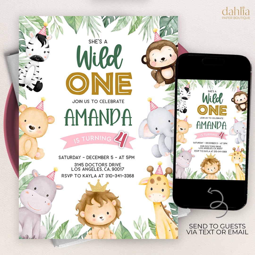 Wild One Birthday Girl Invitation, EDITABLE Safari Animal Party Invite ...