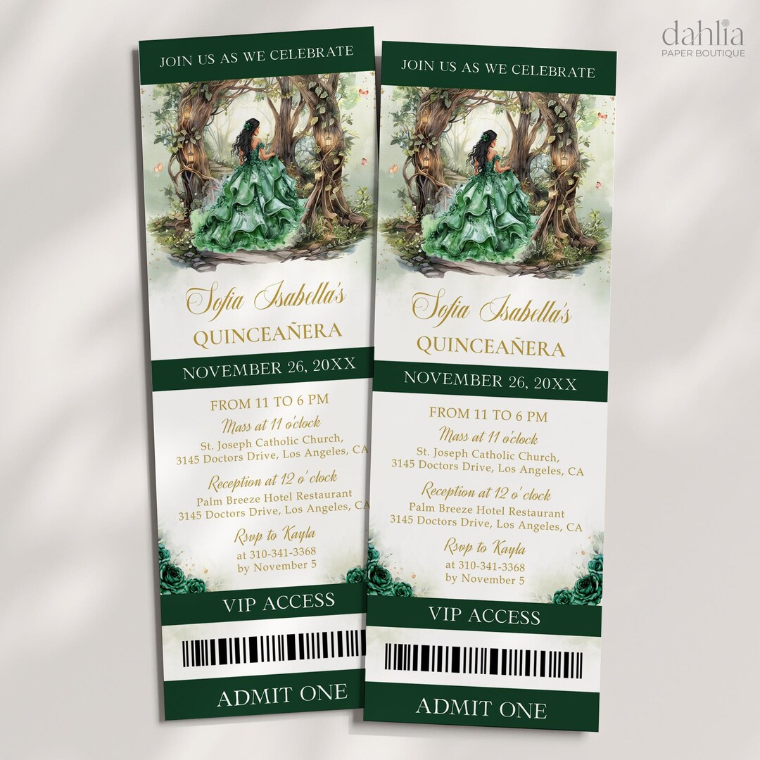 Enchanted Forest Quinceañera Ticket Invitation, EDITABLE Emerald ...