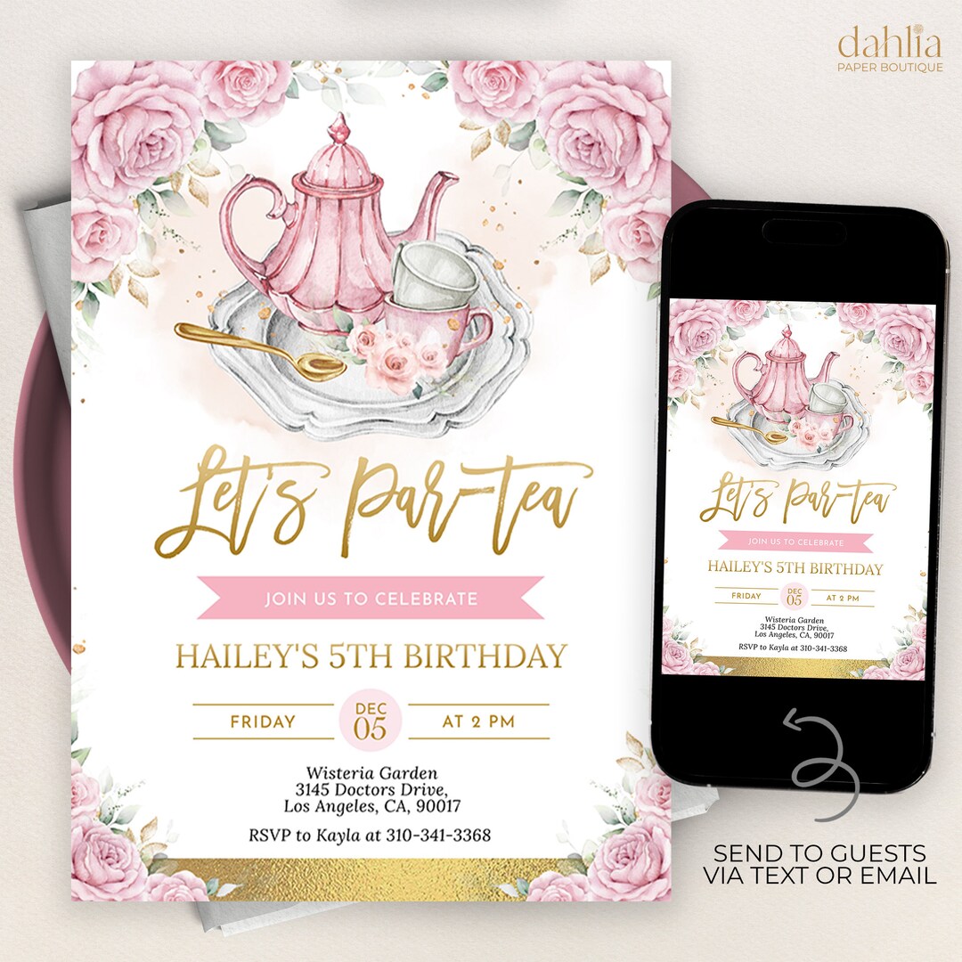 High Tea Party Birthday Invitation, EDITABLE Blush Pink and Gold Par ...
