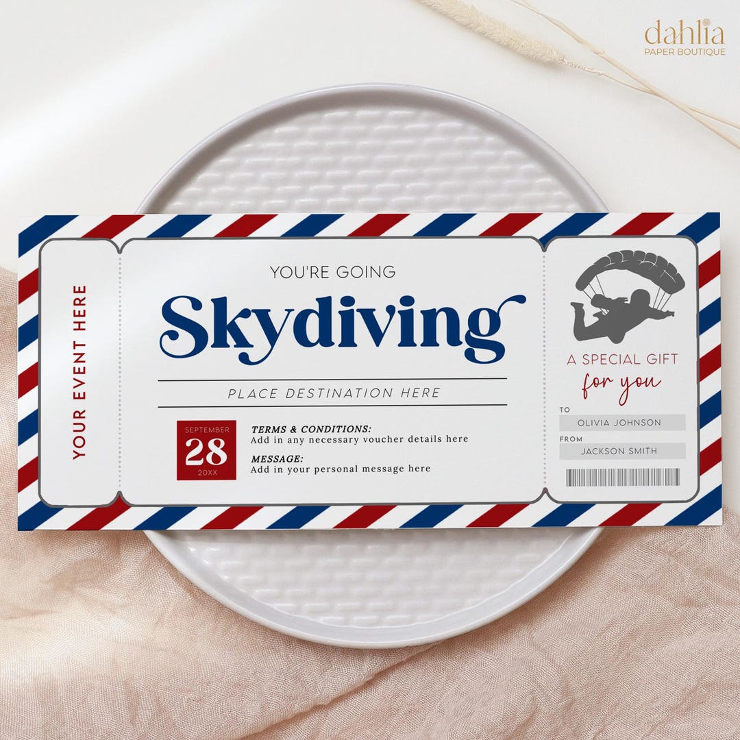Skydiving Ticket Gift Voucher, Editable Sky Dive Coupon, Surprise ...