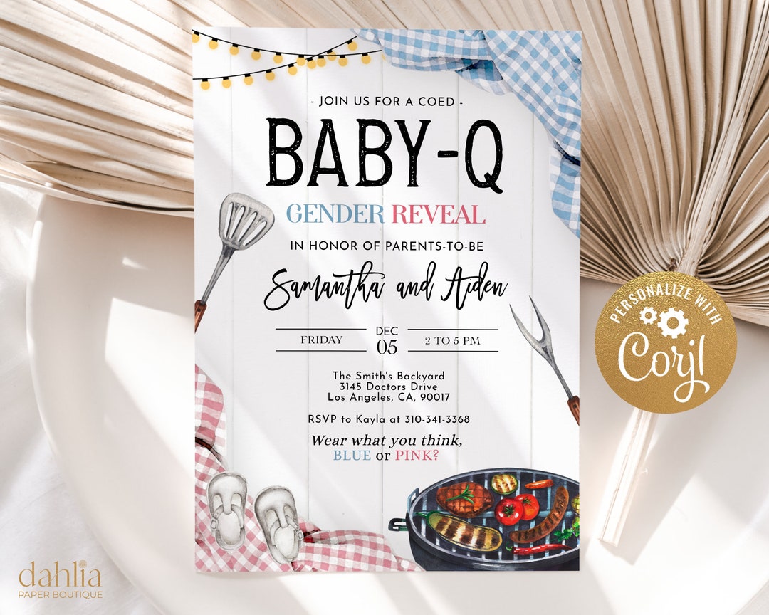 Editable Baby-q Gender Reveal Invitation Backyard Couples - Etsy