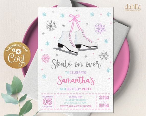 Ice Skating Birthday Invitation, EDITABLE Skate On Over Party Template ...