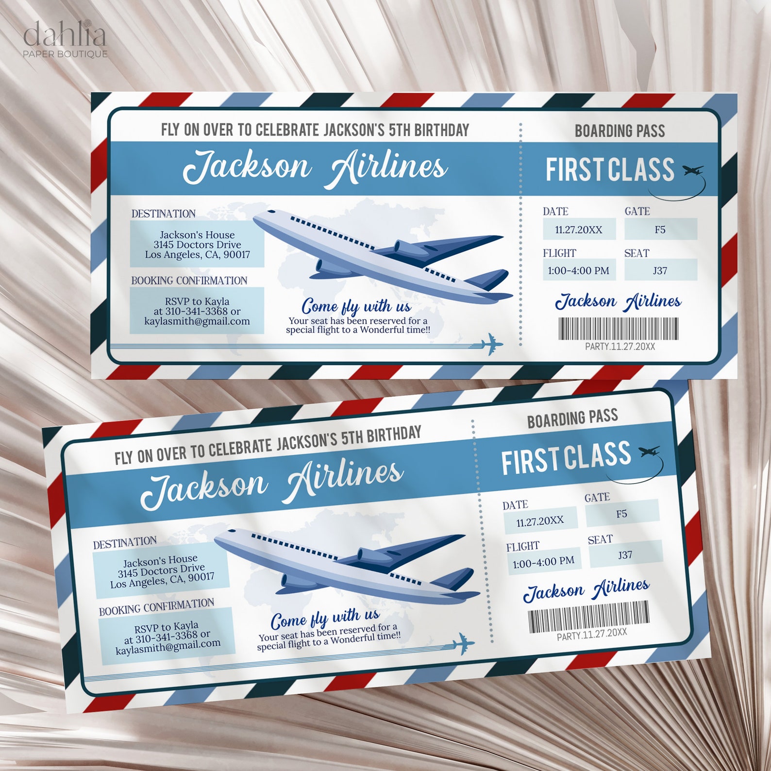 Plane Birthday Ticket Invitation, Airplane Ticket Invite, Blue Boy 1st ...