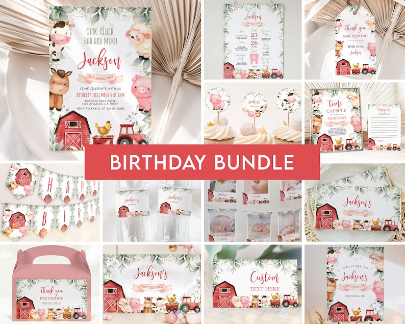 Farm Birthday Party Bundle, EDITABLE Barn Animal Party Invite, Barnyard ...