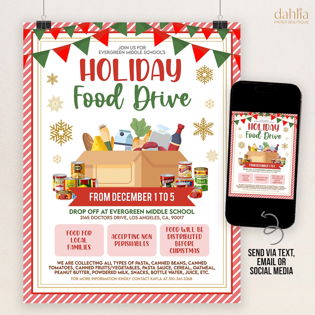 Editable Holiday Food Drive Flyer, Canned Goods Drive Template, Holiday ...