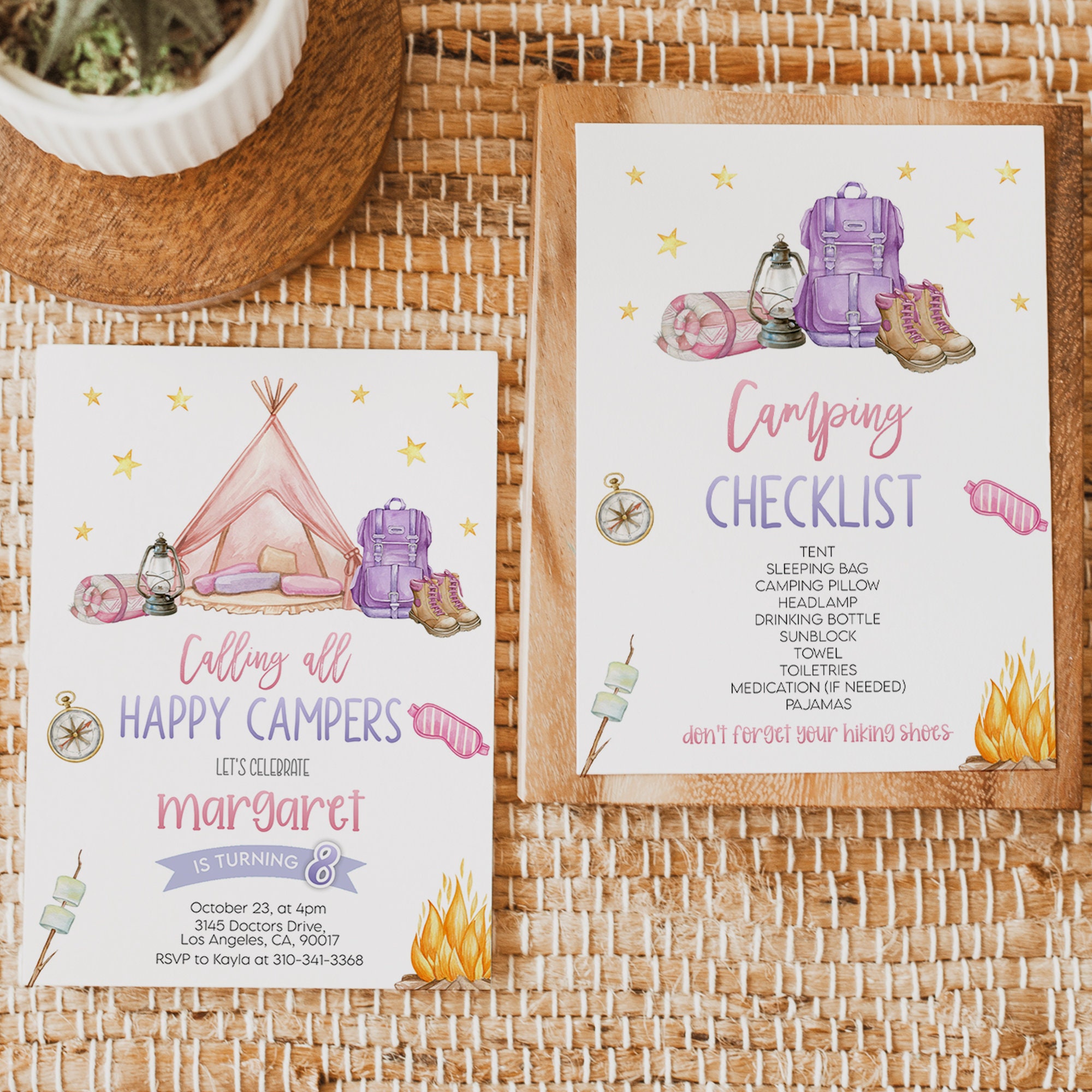 Camping Birthday Invitation, EDITABLE Girl Camp Party Invite, Camp Out ...