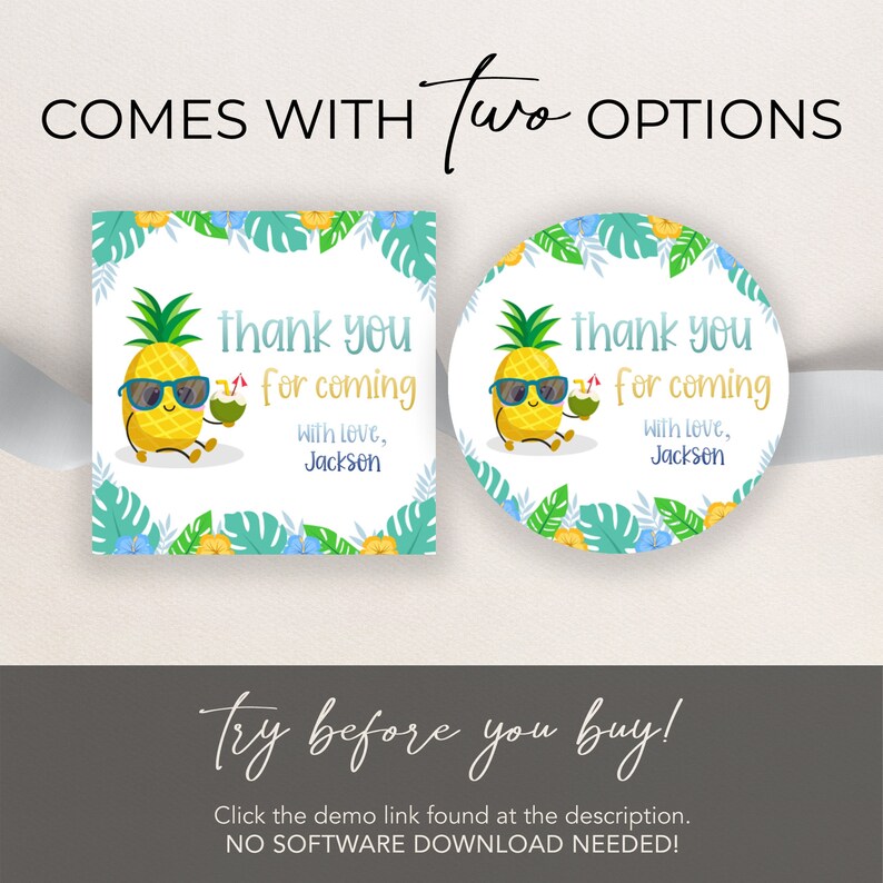 Pineapple Birthday Thank You for Coming Gift Tag, EDITABLE Hawaiian ...