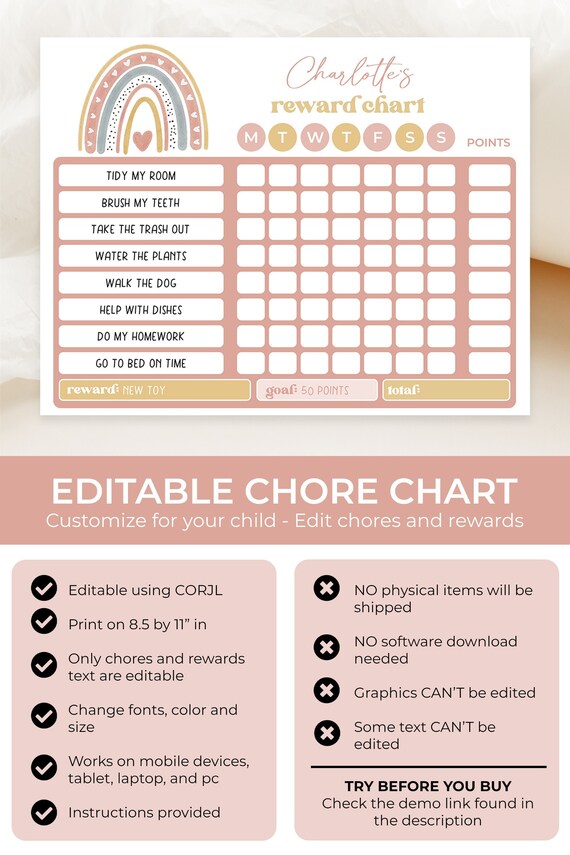 EDITABLE Kids Rainbow Chore Chart, Rewards Chart Template, Printable ...