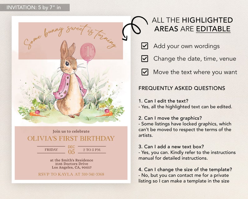 Peter Rabbit First Birthday Invitation Editable Invite - Etsy