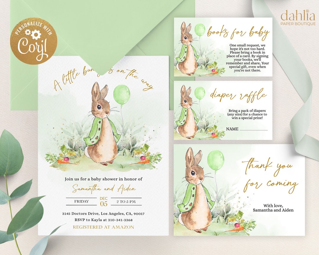 Peter Rabbit Baby Shower Invitation Template Set, EDITABLE Rustic Bunny ...