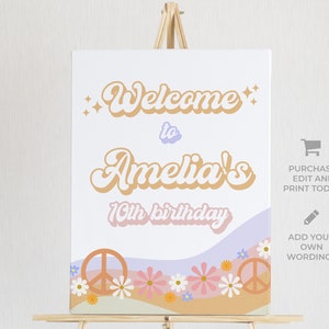 Floralfest Birthday Welcome Sign, Editable Retro Groovy Banner, Boho ...