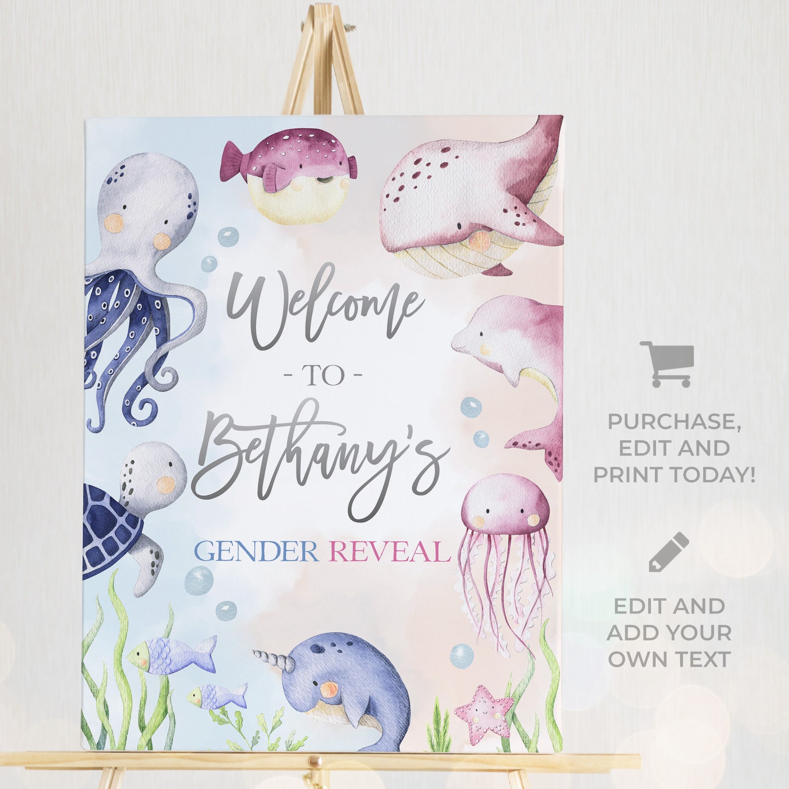 Under the Sea Gende Reveal Welcome Sign, Editable Ocean Animals Party ...